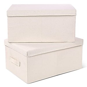 Storage Bin 2 Pack, Large Storage Bins with Lids, Vailando Decorative Storage Boxes Fabric Cotton Linen Collapsible Basket for Bedroom Closet Shelves Office Nursery ( Beige)
