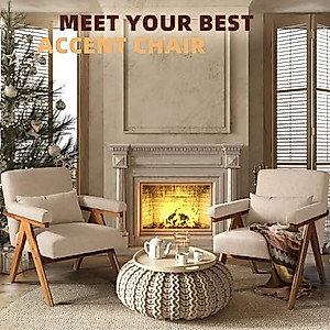 Waleaf Mid Century Modern Accent Chairs Arm Chair Set of 2 with Padded Armrests, Upholstered Chair for Living Room Bedroom Side Chair with Solid Wood Frame Corner Chair (Beige - Set of 2)