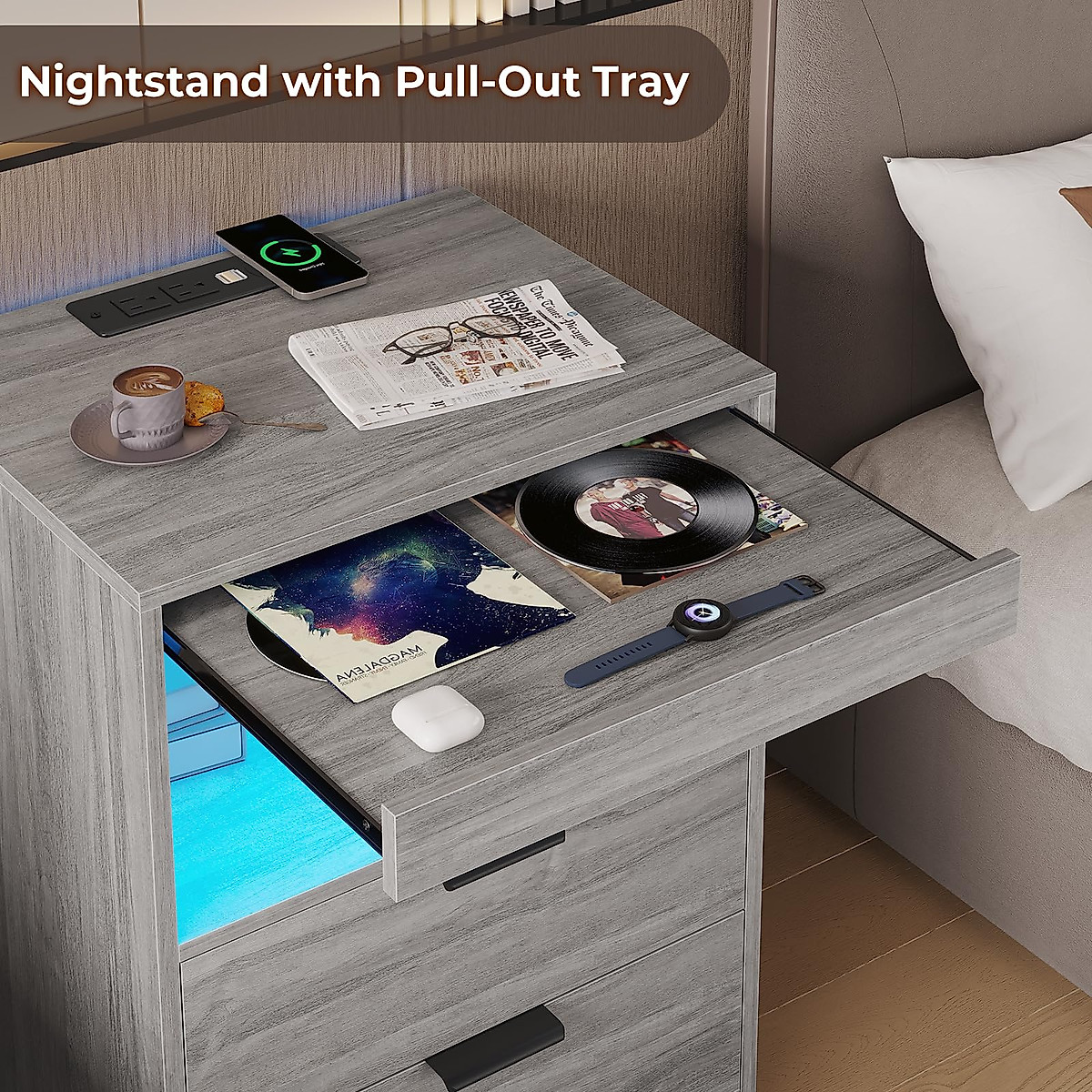 ADORNEVE Nightstand with Wireless Charging Station and LED Lights, Grey Night Stand with 2 Drawers and Open Storage for Bedroom, Bedside Table with Pull-Out Shelf, Modern End Side Table