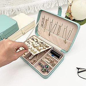 Small Travel Jewelry Organizer Case for Rings, Earrings, Necklaces, Bracelets, and Bangles - PU Leather Portable Storage Box Display Holder for Women and Men (Cyan Blue)