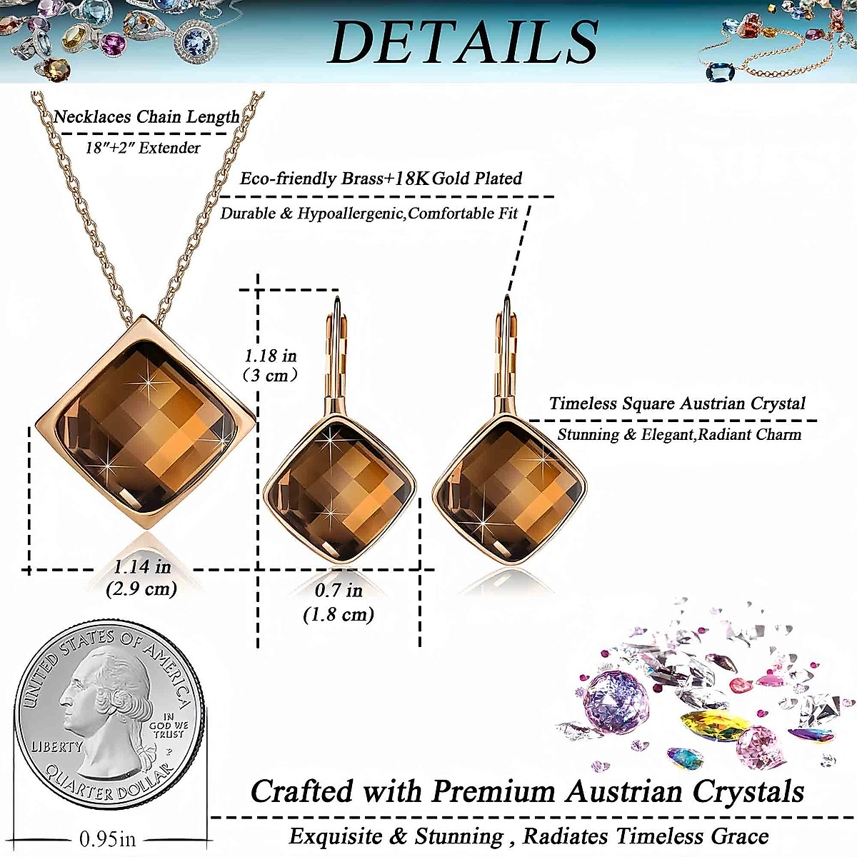 EVEVIC Square Austrian Crystal Necklace Earrings Set for Women 18K Gold Plated Jewelry Set (Brown)