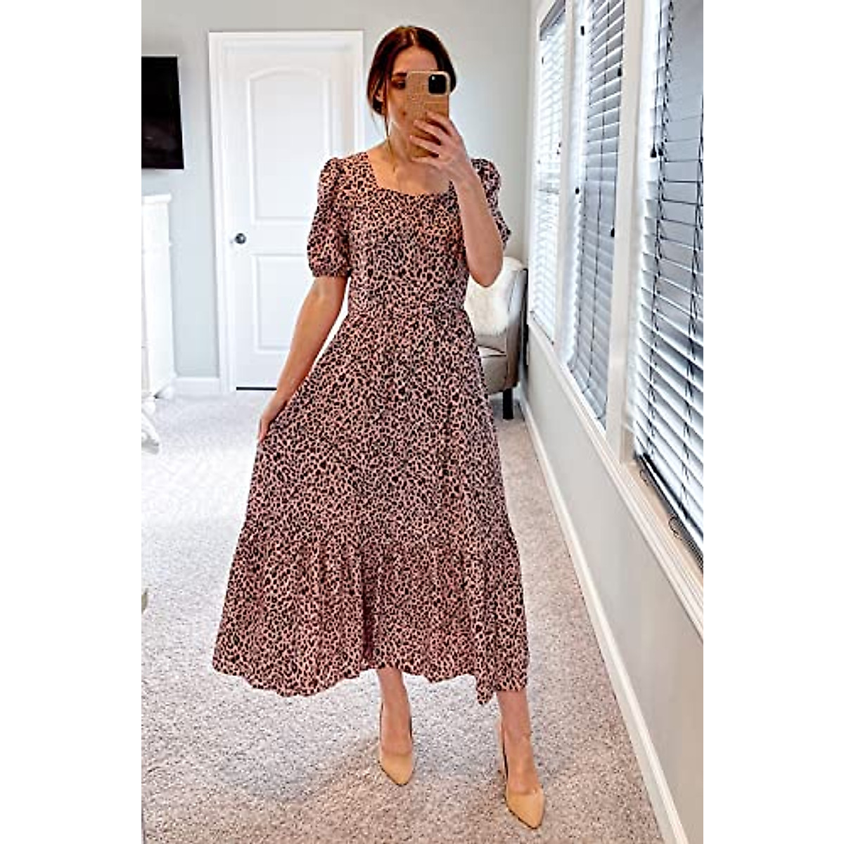 PRETTYGARDEN Women's Bohemian Dress Leopard Tie-Back Square Neck Puff Sleeve Ruffled Hem Summer Maxi Dresses(Pink,Large)