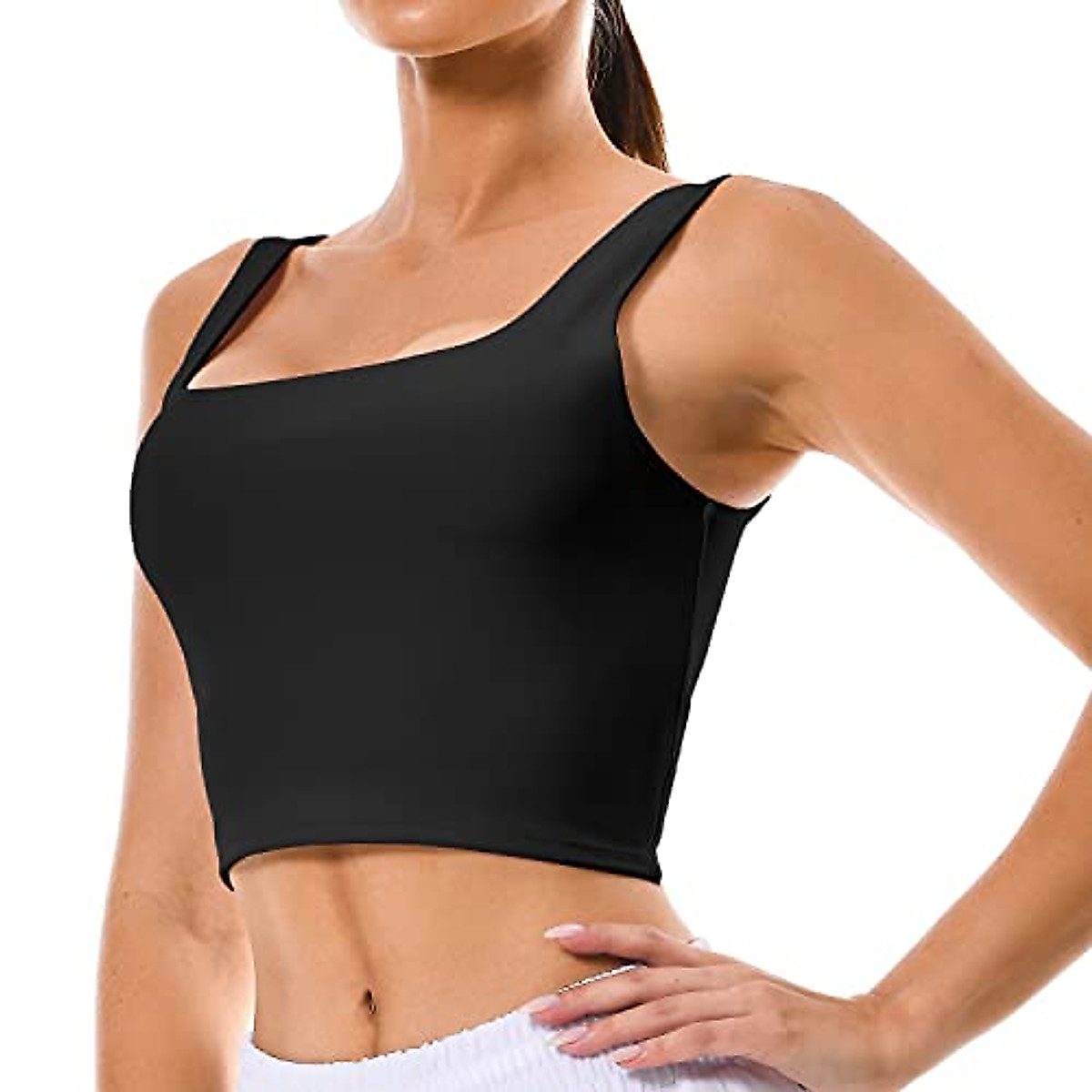 Colorfulkoala Women's Body Contour Square Neck Tank Tops Sleeveless Strappy Crop Double Lined Shirts(L, Black)