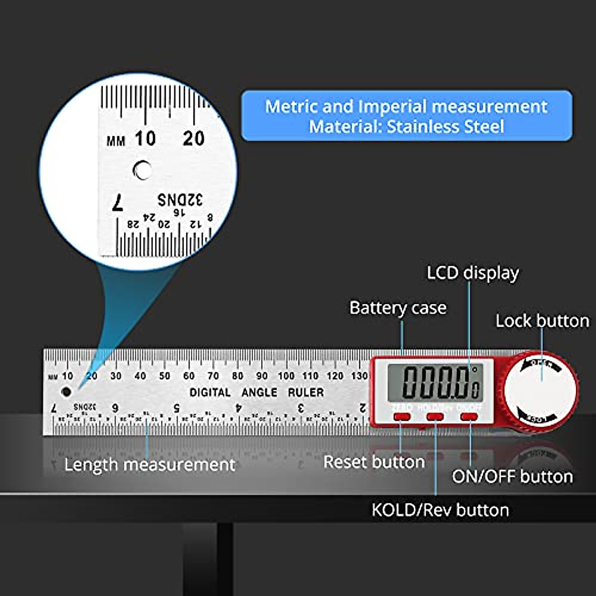 CAMWAY Digital Angle Ruler Protractor 8 Inch,Stainless Steel Digital Angle Finder, Reverse Display, Data Hold LCD Display Zero Locking Function Inside Outside Measuring Ruler