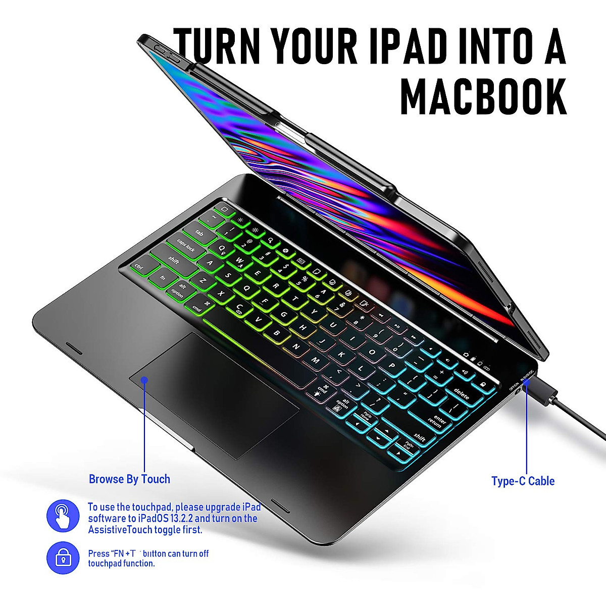 Touchpad Keyboard Case for iPad Pro 12.9 inch 2021 5th Generation / 2020 4th Gen / 2018 3rd Gen, iPad Pro 12.9 Case with Wireless Bluetooth Backlight Keyboard - Pencil Holder Included (Black)