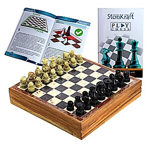 StonKraft - 8" X 8" Chess Board with Wooden Base with Stone Inlaid & Stone Pieces Game Set