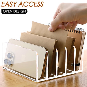 SANRUI Acrylic Desk Organizer, 5 Compartments Mail Organizer,Small File Holders Letter Organizer,Clear Office Organization,Multifunction Sorter Envelope Rack for Office,Home, School