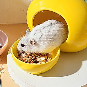 Hamiledyi Hamster House Ceramic with Bowl Small Pet Hideout Nest-Hamster Sand Bath-Dwarf Hamster Dust Bath Nesting Habitat for Syrian Hamsters Lemmings or Other Small-Sized Animals Hided (Yellow)
