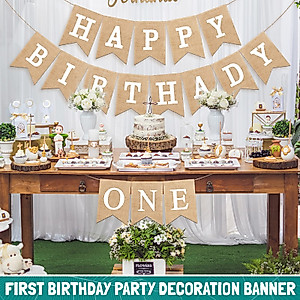 1st Birthday Party Decoration First Birthday Banner Rustic Happy Birthday Burlap Banner One High Chair Banner One Sign for First Birthday Baby Girl Boy Birthday Nursery Supplies, White Alphabet