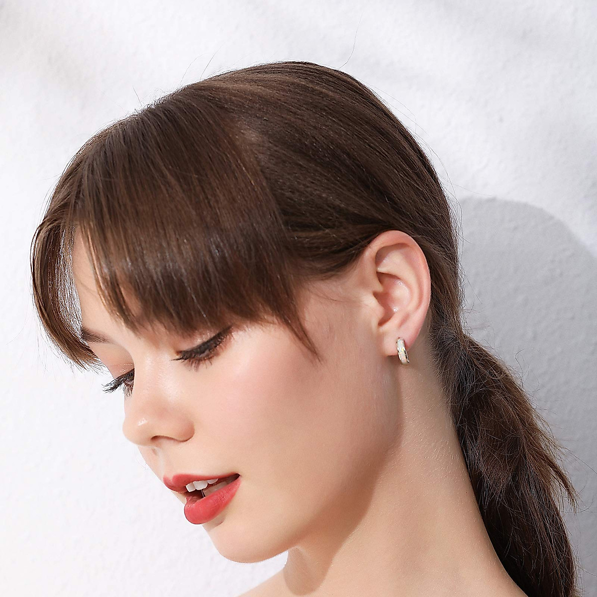 White Gold Plated Fire Opal Bezel Setting Birthstone Hoop Earrings