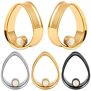 Atomhole 2PCS Teardrop Opal Ear Plugs Tunnels Hypoallergenic Ear Gauges 316 Stainless Steel Ear Expander for Stretchered Earrings Piercing Body Jewelry