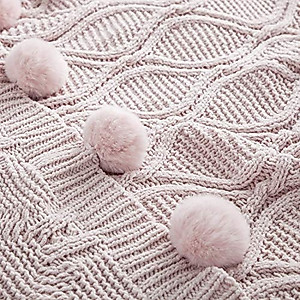 Revdomfly Chenille Knitted Throw Blanket with Pom Poms, Fuzzy & Fluffy Couch Cover Decorative Knit Blanket for Sofa Bed, 51.2" x 63", Pink