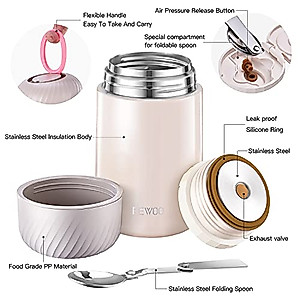 FEWOO Food Thermos, 27oz Vacuum Insulated Soup Flask, Stainless Steel Lunch Container for Hot Food, Leak Proof Food Jar with Folding Spoon for School Office Travel