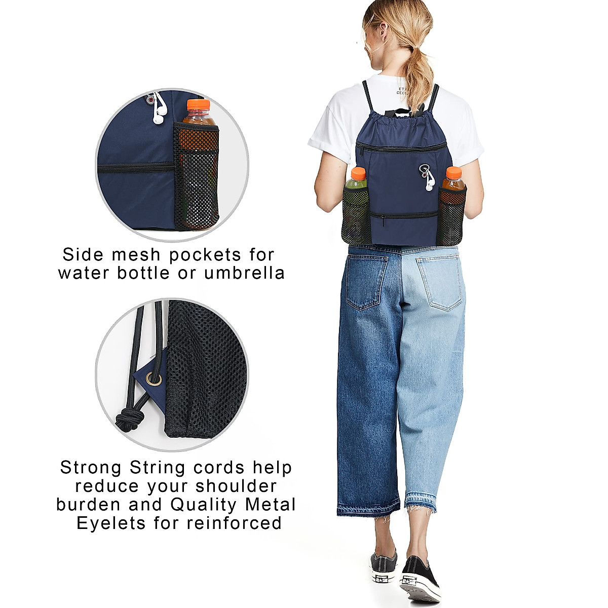 BeeGreen Navy Blue Drawstring Backpack Bag Cinch Sack Backpack with Zipper Pockets and Mesh Water Bottle Holders Beach Backpack Large 18" L x 15" W Gym Sprots Swim Bag