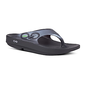 OOFOS Ooriginal Sport Sandal, Sport Graphite - Men’s Size 7, Women’s Size 9 - Lightweight Recovery Footwear - Reduces Stress on Feet, Joints & Back - Machine Washable - Hand-Painted Graphics