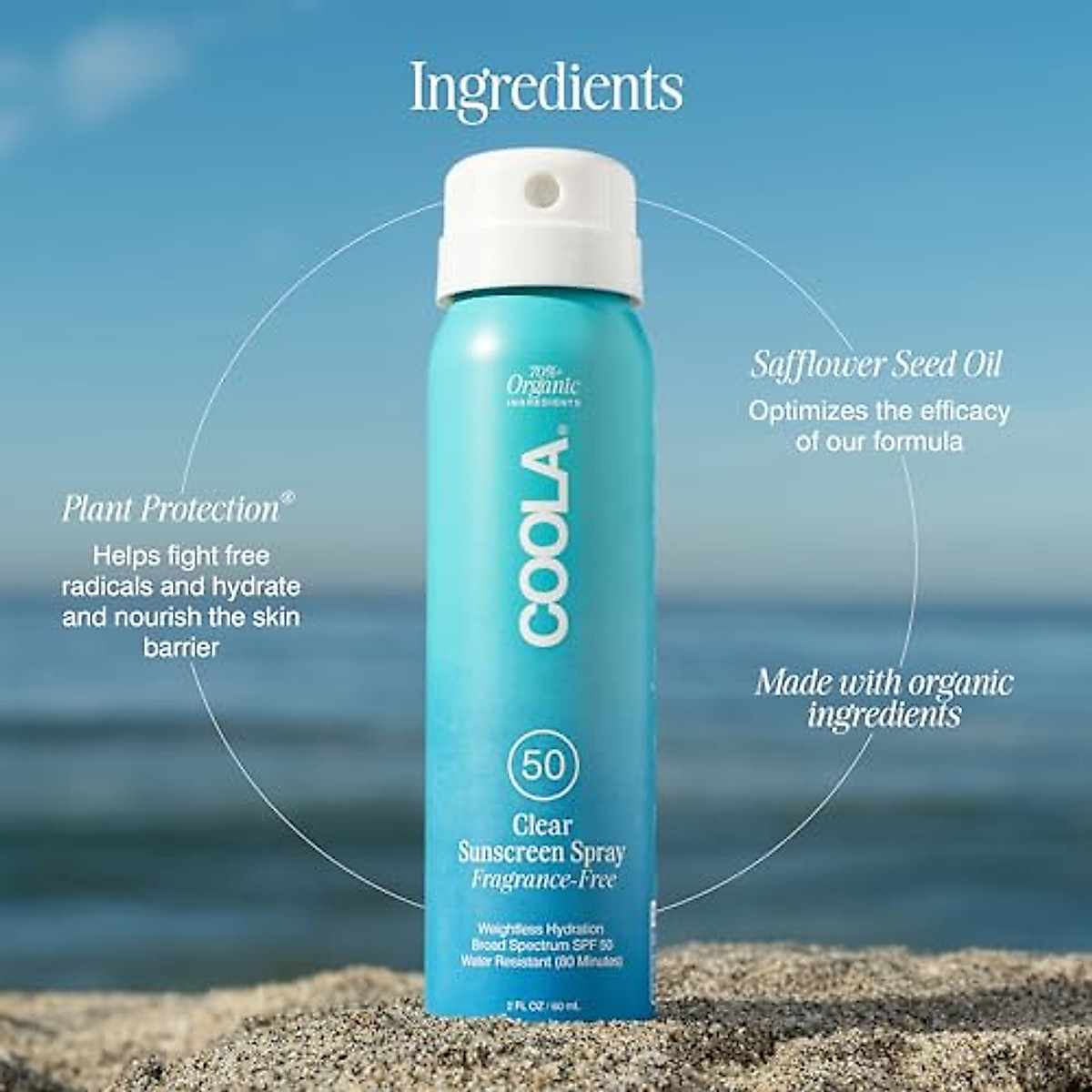 COOLA Organic Sunscreen SPF 50 Sunblock Spray, Dermatologist Tested Skin Care for Daily Protection, Vegan and Gluten Free, Fragrance Free, 2 Fl Oz