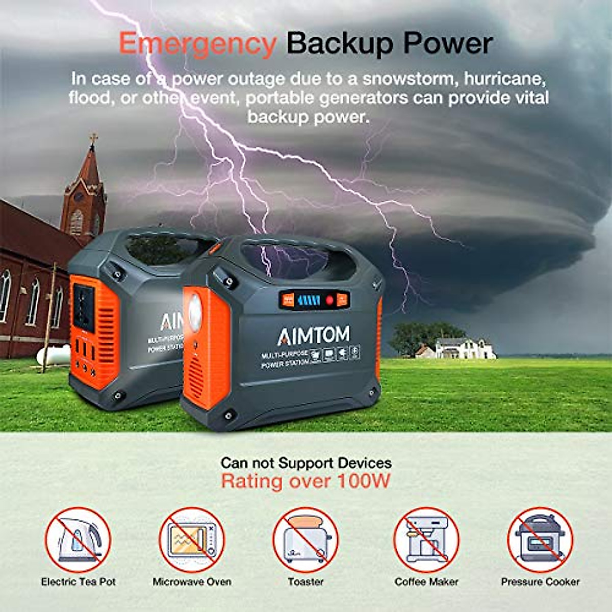 AIMTOM 42000mAh 155Wh Power Station, Emergency Backup Power Supply with Flashlights (Solar Panel Optional), for Camping, Home, CPAP, Travel, Outdoor (110V/ 100W AC Outlet, 3X 12V DC, 3X USB Output)