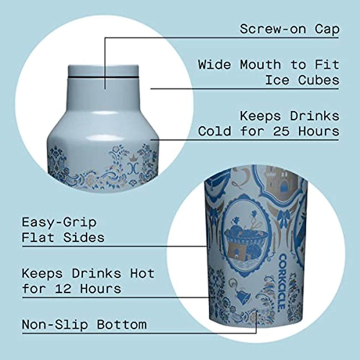 Corkcicle Disney Princess Cinderella Insulated Canteen Travel Water Bottle, Triple Insulated Stainless Steel, Keeps Beverages Cold for 25 Hours or Warm for 12 Hours, 20oz