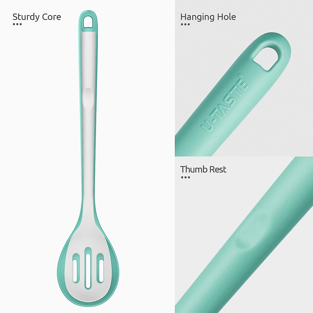 13.3" Slotted Cooking Spoon: U-Taste 600ºF Heat Resistant Kitchen Mixing Spoon, Food Grade Nonstick Long and Large Rubber Soup Utensil for Serving, Stirring, Basting, for Pot Cookware (Aqua Sky)