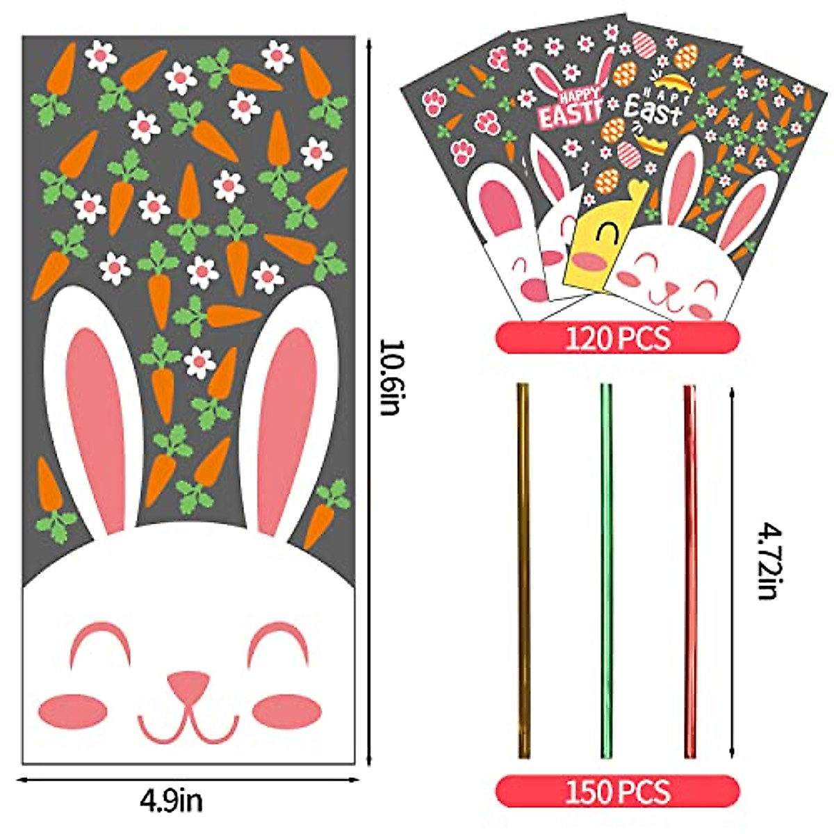 LOKIPA Easter Celllophane Treat Bags, 120 Pieces Clear Easter Candy Bags with 150 Twist Ties for Easter Supplies