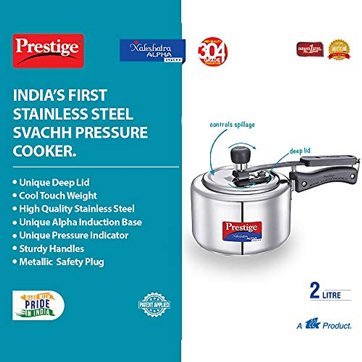 Prestige Nakshatra Alpha Svachh Stainless Steel Induction Base 2 Liter Pressure Cooker with Deep Lid for Spilage Control