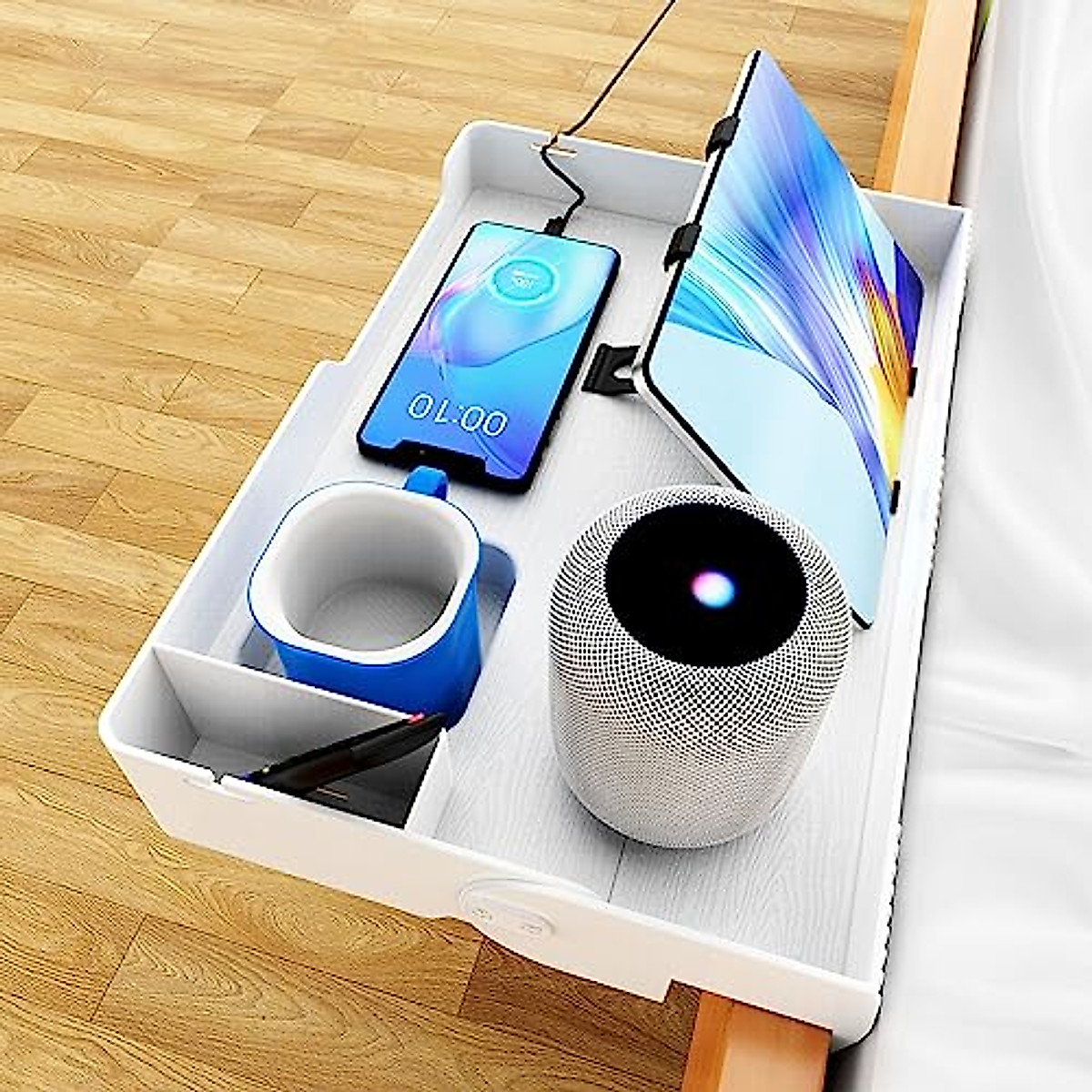 JUMEIHUI Folding Bedside Shelf for Bed College Dorm,Bunk Bed Shelf for Top Bunk,Bed Shelf Organizer with Cup Holder,Bed Accessories,Bedside Organizer for Phones,Kindle,Book,Remote,CPAP(White)