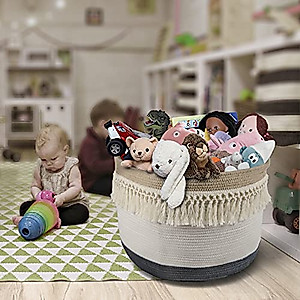 AELS XXXLarge 22"x22"x15" Rope Boho Basket Woven Baby Laundry Basket for Blankets Toys Storage Basket with Handle Comforter Cushions Storage Bins Thread Laundry Hamper-Brown White Gray 93 Liters