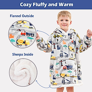 Wearable Blanket Hoodie for Kids, Super Warm and Soft Sherpa Flannel Sweatshirt Blanket with Giant Pocket, Hooded Blanket for 2-6 Year Old Boys Gifts, Construction Truck