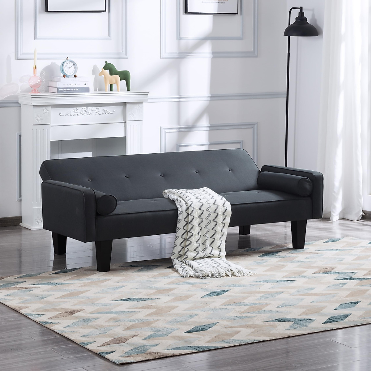 BSHTI Convertible Loveseat Sofa Bed w/Adjusting Backrest,Futon Sleeper Couch with 2 Long Pillows, Removable Square Armrest, for Apartment, Office, Compact Living Room,Dark Gray