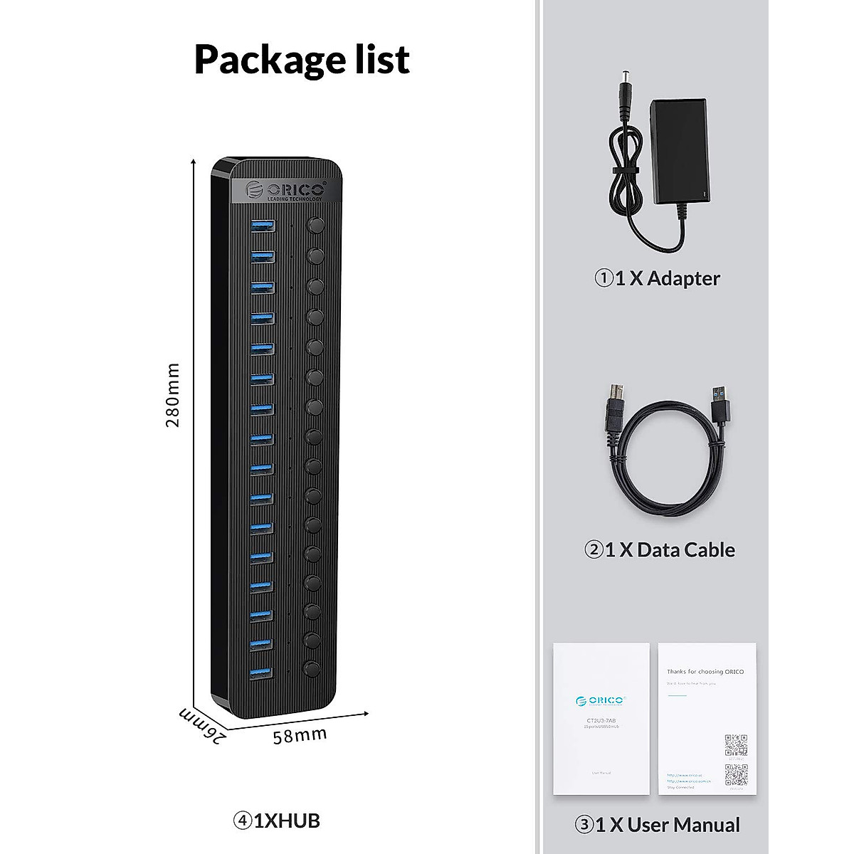 ORICO Powered USB Hub, 16 Ports 78W USB 3.0 Data Hub with BC1.2 Charging Individual On/Off Switches and 12V/6.5A Power Adapter for Desktop Computer, PC, iMac, Mobile HDD, Flash Drive