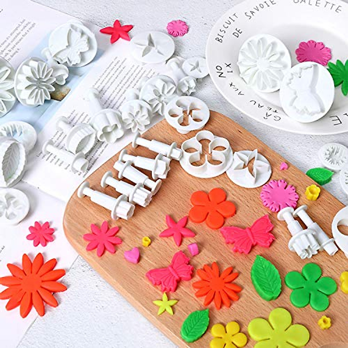 M MOACC Cake Tools 36 Piece Fondant Cake Cookie Plunger Sugarcraft Flower Leaf Butterfly Heart Shape Decorating Mold DIY Icing Plunger Tools