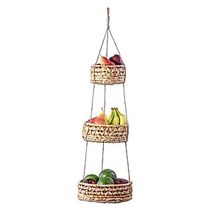 Hanging Fruit Basket 3 Tier for Kitchen, Handmade Natural Rattan Handwoven Wicker Seagrass Woven Wall Baskets Vegetable Organizer Produce Fruit Holder Counter Space Saver Storage Boho Hanging Planter