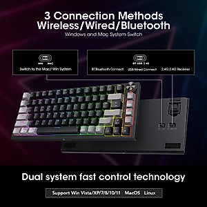 KOORUI 75% Wireless RGB Gaming Keyboard,3 Mode BT/2.4Ghz/USB-C Hot Swappable Mechanical Keyboard,Compact 82 Keys with 4000mAh Battery & Dedicated Knob Control,Tactile Brown Switch