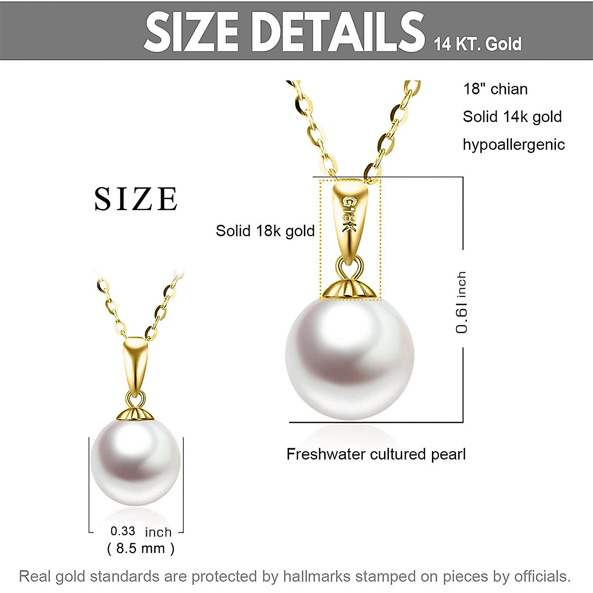 Real 14K Gold Pearl And Necklaces for Women, Gold Chain with Pendant, Gold Jewelry Gifts for Mom Wife, Mothers Day Present, 18" (Yellow)