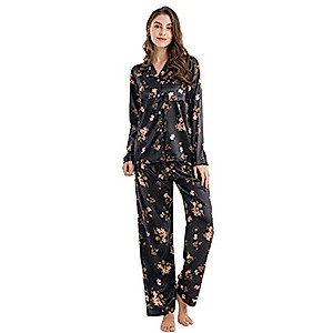 Tony & Candice Women's Classic Satin Pajama Set Sleepwear Loungewear (Black with Flower Pattern, Small)