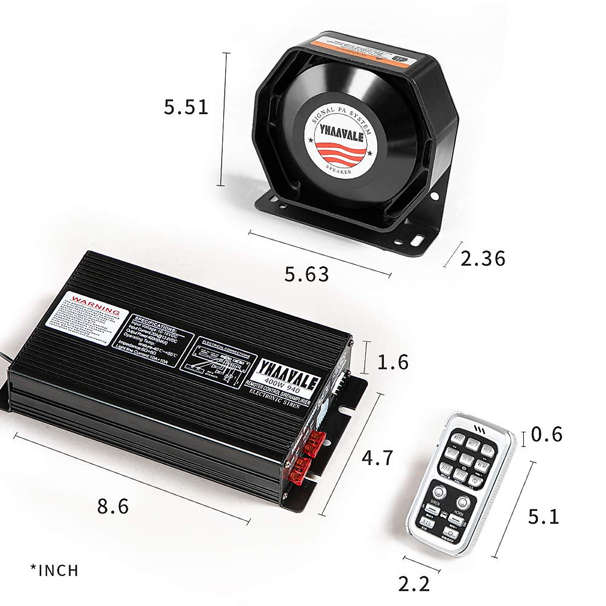 YHAAVALE Car Police Siren 400W Signal Division PA System 940 Wireless Amplifier+2pcs Ultra Slim Metal Speaker Electronic Emergency Horn Sound System for Police Cars Fire Trucks