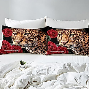 Custom Name Leopard Print Comforter Cover Red Rose Flower Duvet Cover Queen,Cheetah Bedding Set Big Cat Wildlife Bed Set Wild Animal Theme Bedroom Decor for Boys Girls Youth Men Women Female,Brown