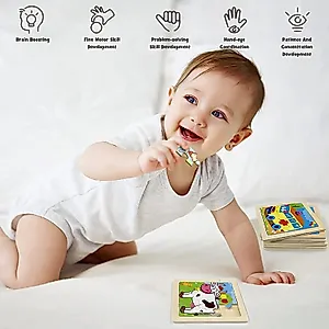 IHOMEINF Toddler Wooden Puzzles for Kids Ages 3-8, Montessori Toys for 3 4 5 6 7 8 Year Old, 4 Pack Animal Jigsaw Puzzles Set Preschool Learning Toys Boys Girls Gifts (Animals Puzzles 9 Pcs)