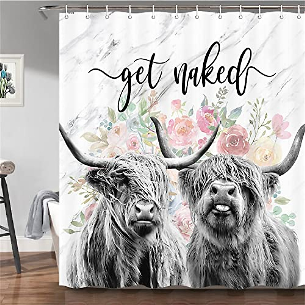 Romantic Angels Highland Cow Shower Curtain Set Get Naked Western Floral Shower Curtains for Bathroom Farmhouse Cute Funny Cow Bathroom Decor Waterproof Fabric 72 * 72 Inch with 12 PCS Hooks