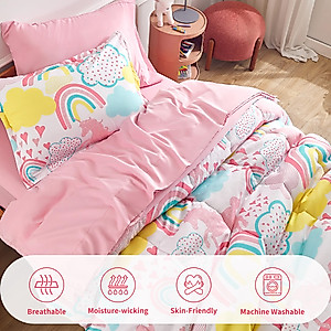 Sonive Girls Twin Comforter Set, Breathable, 5 Pieces with 1 Comforter(66"x90"), 1 Fitted Sheet, 1 Flat Sheet, 1 Pillow Sham, 1 Pillowcase Gift Choice, Rainbow Unicorn