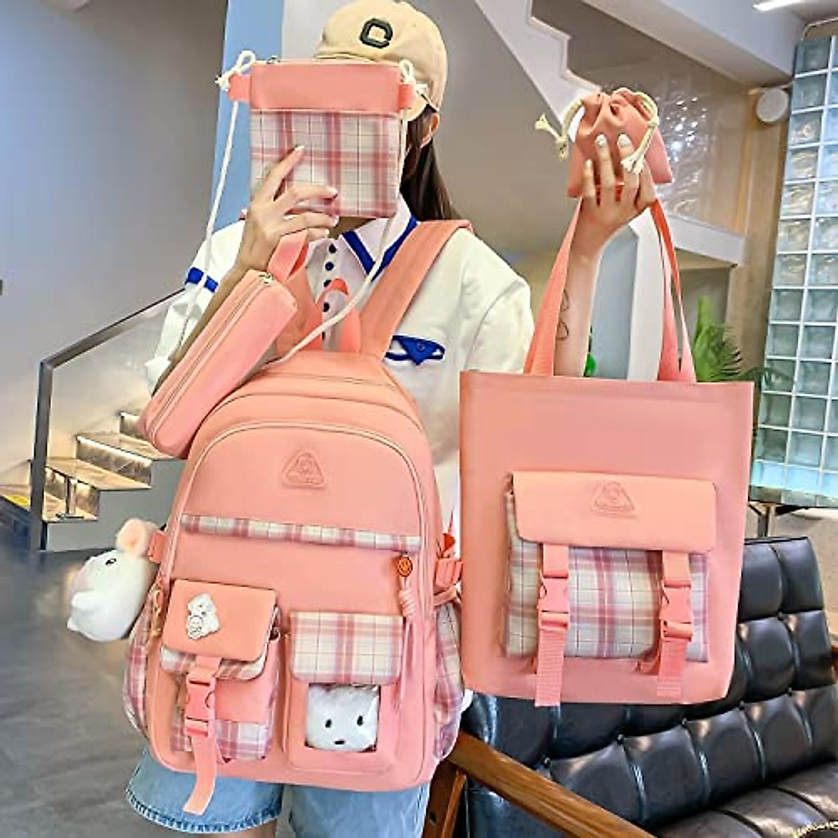 HCOOLE Kawaii Backpack 5Pcs Set with cute plush Pendants & Badge,19 gallon High capacity School Bag Cute Aesthetic Backpack