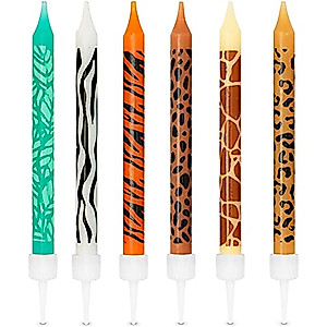 Safari Animal Cake Toppers and Thin Candles in Holders (27 Pieces)