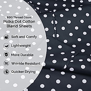 SUPERIOR Cotton Blend 600 Thread Count Sheet Set, Polka Dot Design, Includes 1 Elastic Deep Pocket Fitted Sheet, 1 Flat Sheet, 2 Pillowcases, Luxury Bedding, Soft Sateen Weave, King, Black