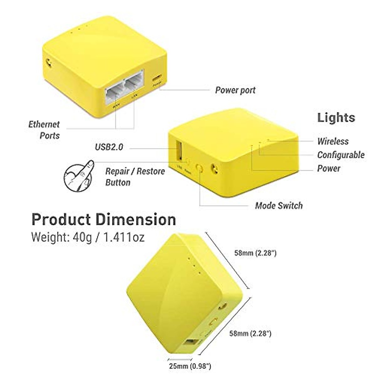 GL.iNet GL-MT300N-V2(Mango) Portable Mini Travel Wireless Pocket VPN Router - WiFi Router/Access Point/Extender/WDS | OpenWrt | 2 x Ethernet Ports | OpenVPN/Wireguard VPN | USB 2.0 Port | 128MB RAM