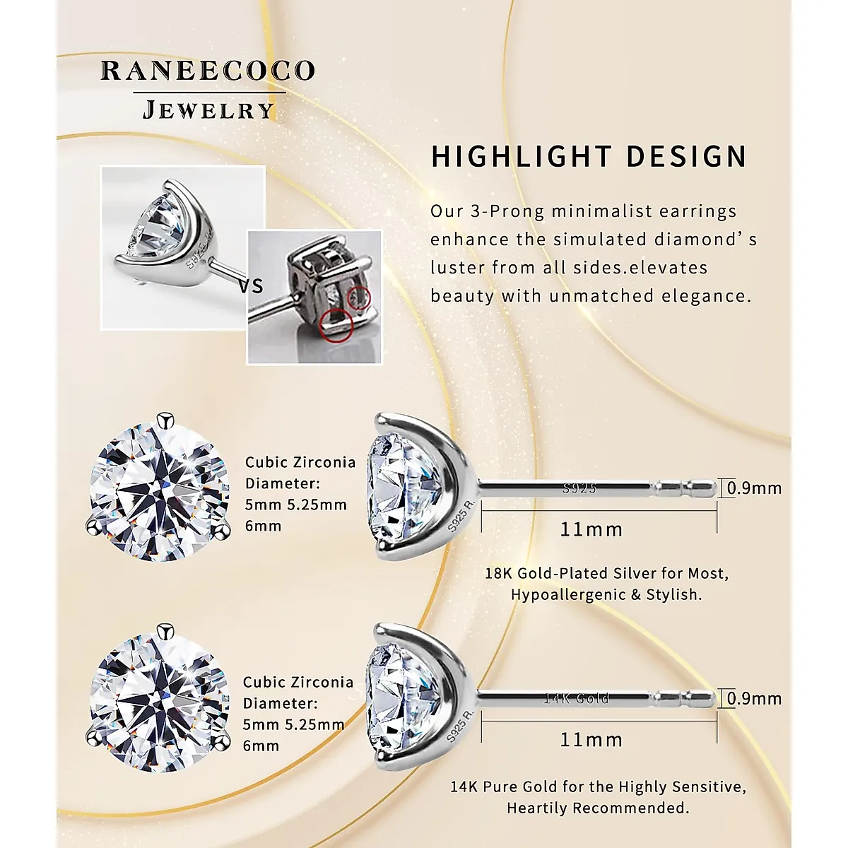 "STUNNING FLAME" 18K Gold Plated Silver Brilliant Cut Simulated Diamond Cubic Zirconia Stud Earrings(white-gold-plated-silver, 0.9)