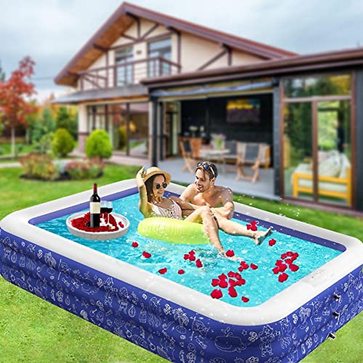 Inflatable Swimming Pool Full-Sized Pools Above Ground for Girls/Boys Garden Backyard Outdoor Swim Center Water Party Family Pool Royal Blue,100"x72"x22" Summer Water Party(No Pump)