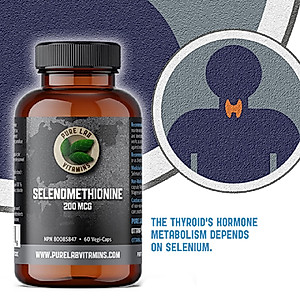 Selenium 200mcg Supplement - Selenomethionine - 60 v-caps by Pure Lab Vitamins - Gluten Free Made in Canada.