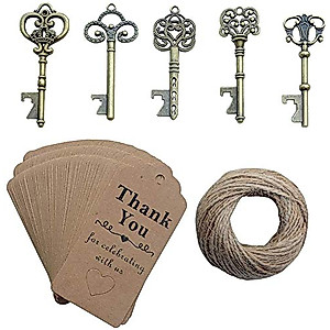50 Pcs Bronze Skeleton Key Beer Bottle Opener With 100 Pcs Thank You Card and 98 Feet Hemp Rope for Wedding Party Favors (50pcs Bronze)
