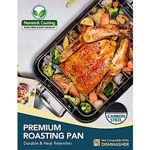 MICHELANGELO Carbon Steel Roasting Pan with Rack, Turkey Roasting Pan 15 Inch x 11 Inch, Nonstick Turkey Roaster Pan with Stainless Steel Rack, Induction Compatible