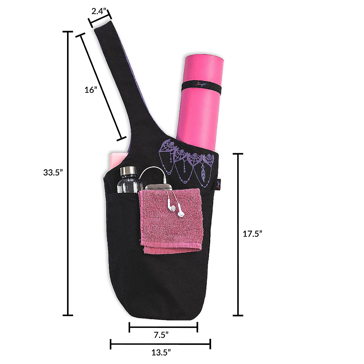 Zenifit Yoga Mat Bag, Long Tote with Pockets for your Yoga Accessories, Yoga Bag with Bonus Yoga Mat Strap Elastics, Holds your Pilates Mat, Color: Black and Lavender Yoga Mat Carrier for Women